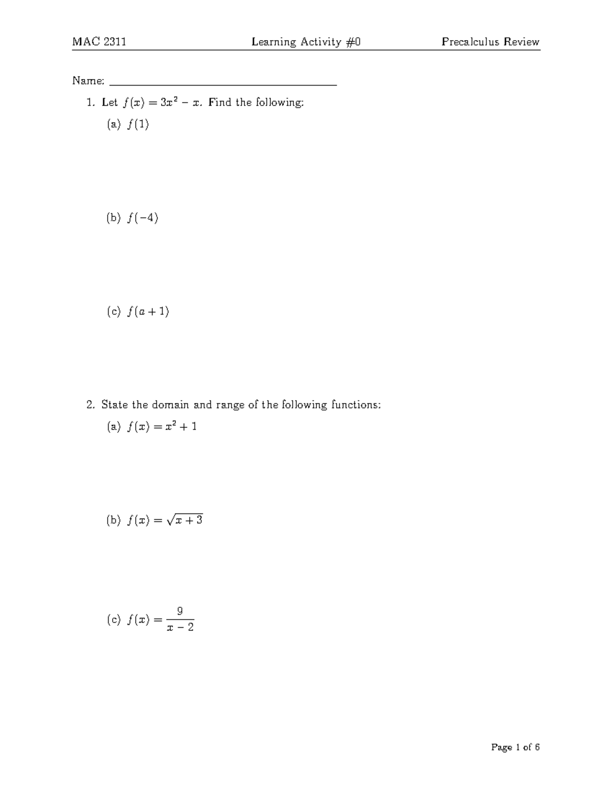 Learning Activity 0 v1 Name 1 Let F x 3x 2 X Find The