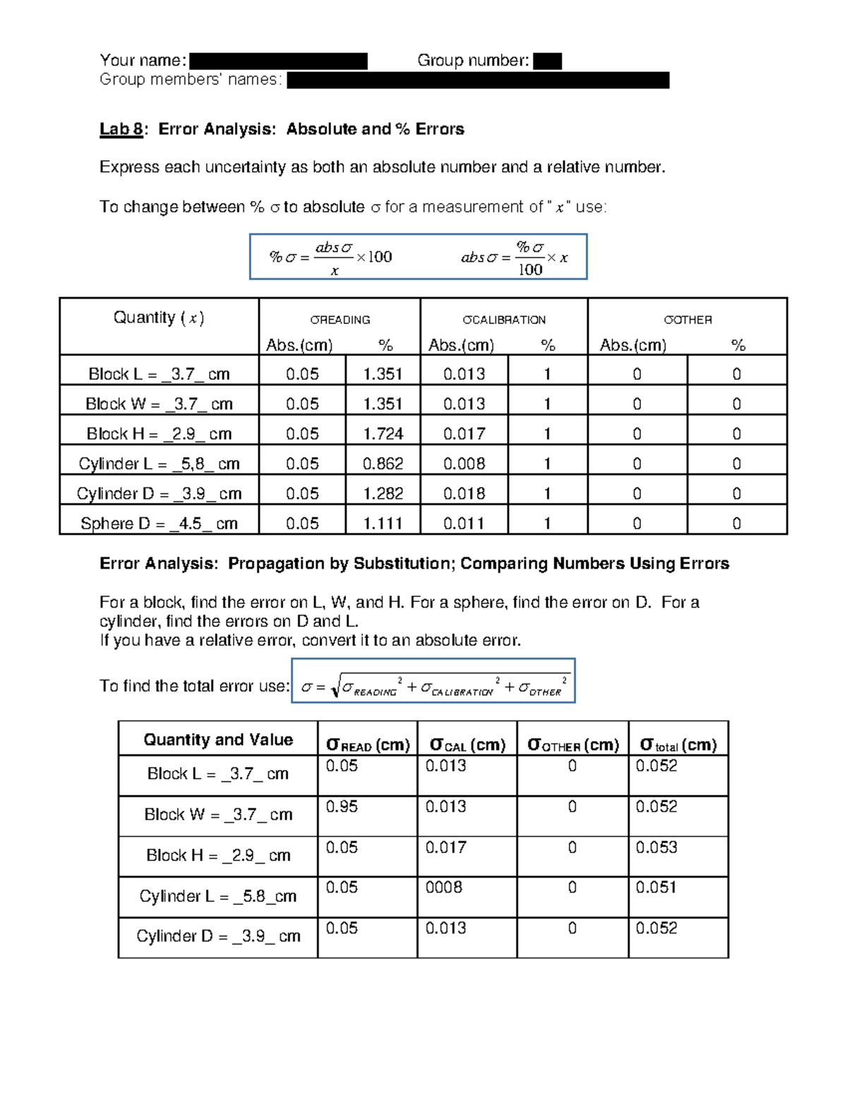 Lab 1 Error Analysis - Lab 1 - Your name: _ Hoang Dung Pham _ Group number: 8 Group members ...