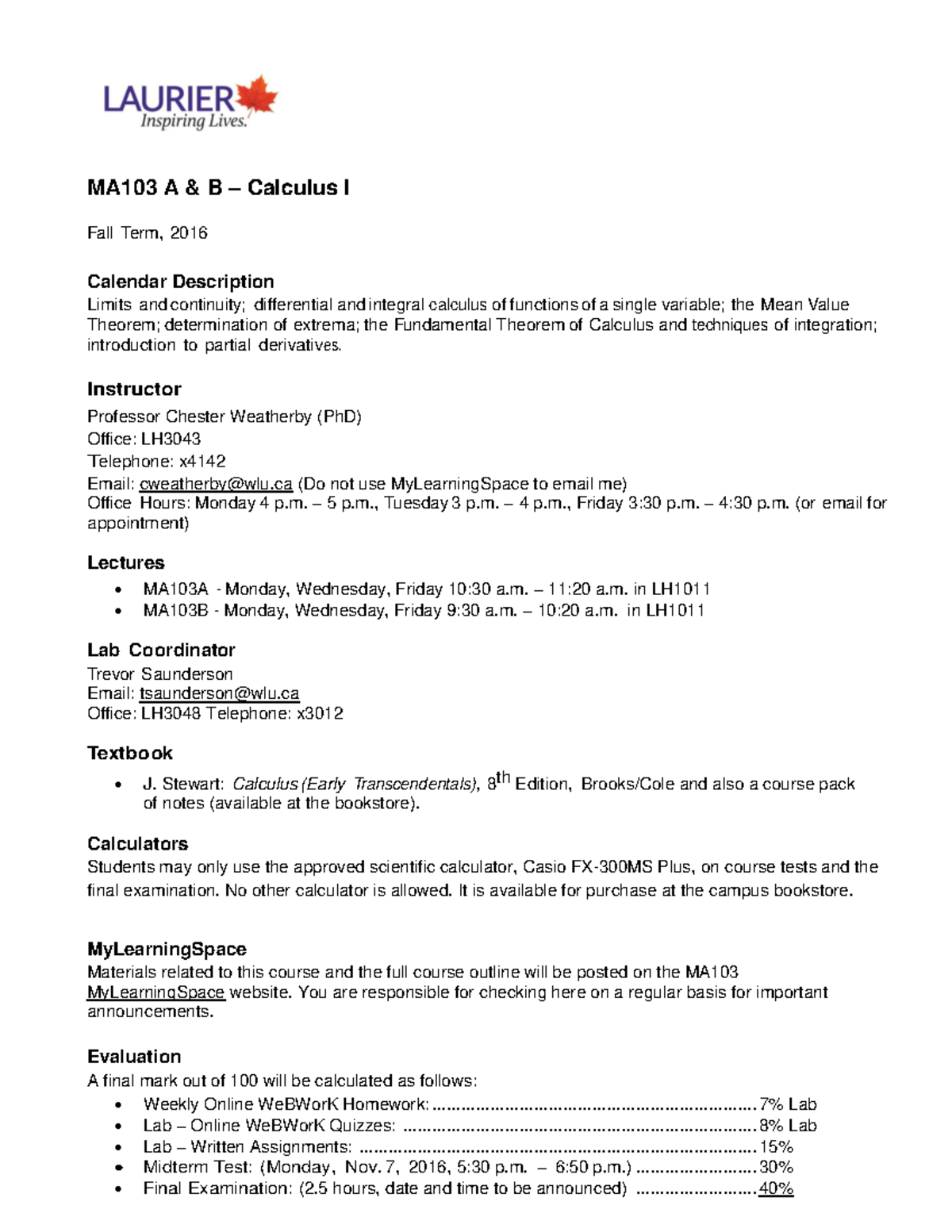 Ma103 - course outline - MA103 A & B – Calculus I Fall Term, 2016 ...