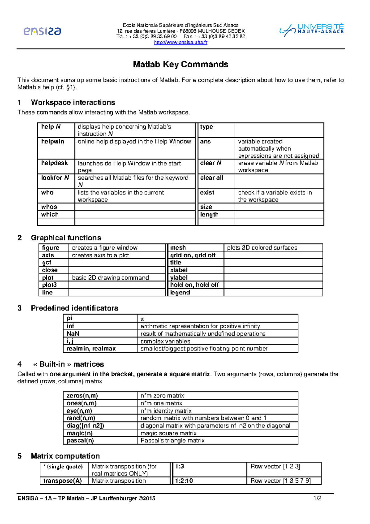 Matlab Key Commands - Ecole Nationale Supérieure d’Ingénieurs Sud ...