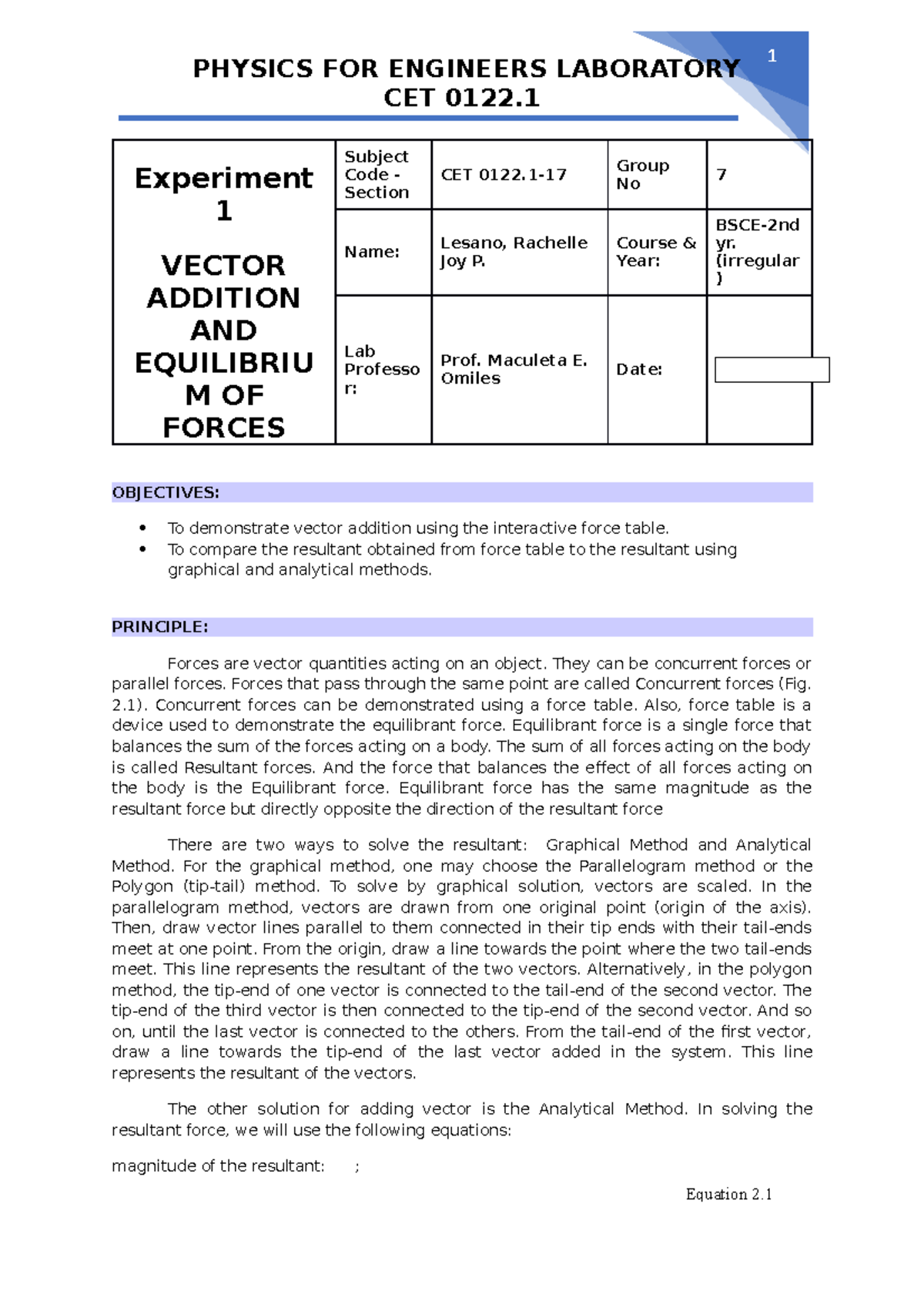 Experiment 1 Addition of Vectors - PHYSICS FOR ENGINEERS LABORATORY CET ...