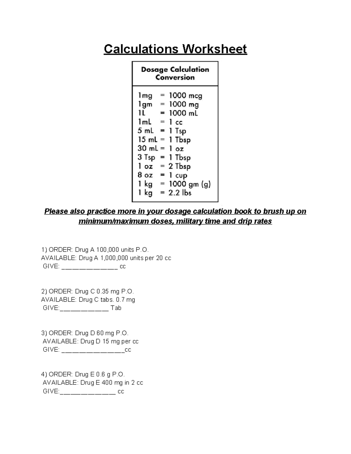 Dosage calc worksheet (2) - Calculations Worksheet Please also practice ...