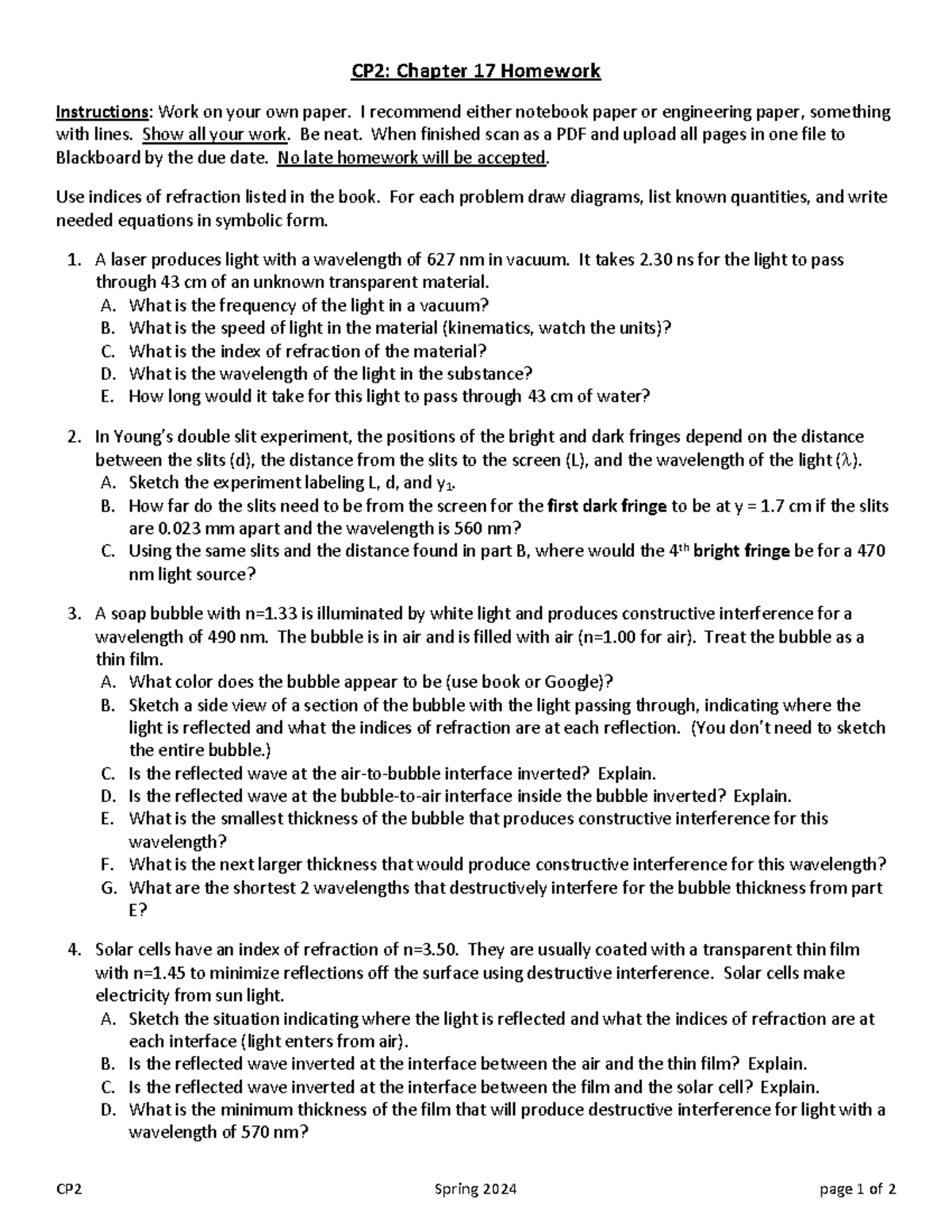 CP2 HW01 Ch17 - CP2 Spring 20 24 page 1 of 2 CP2: Chapter 17 Homework Instructions: Work on your ...