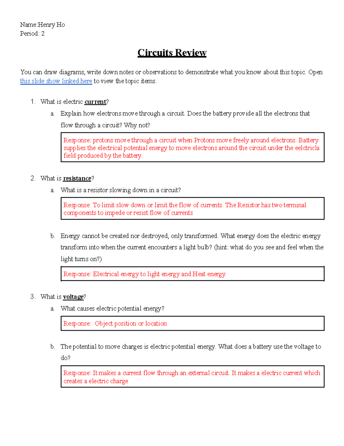 Ho Circuits Review - physics - Name:Henry Ho Period: 2 Circuits Review ...