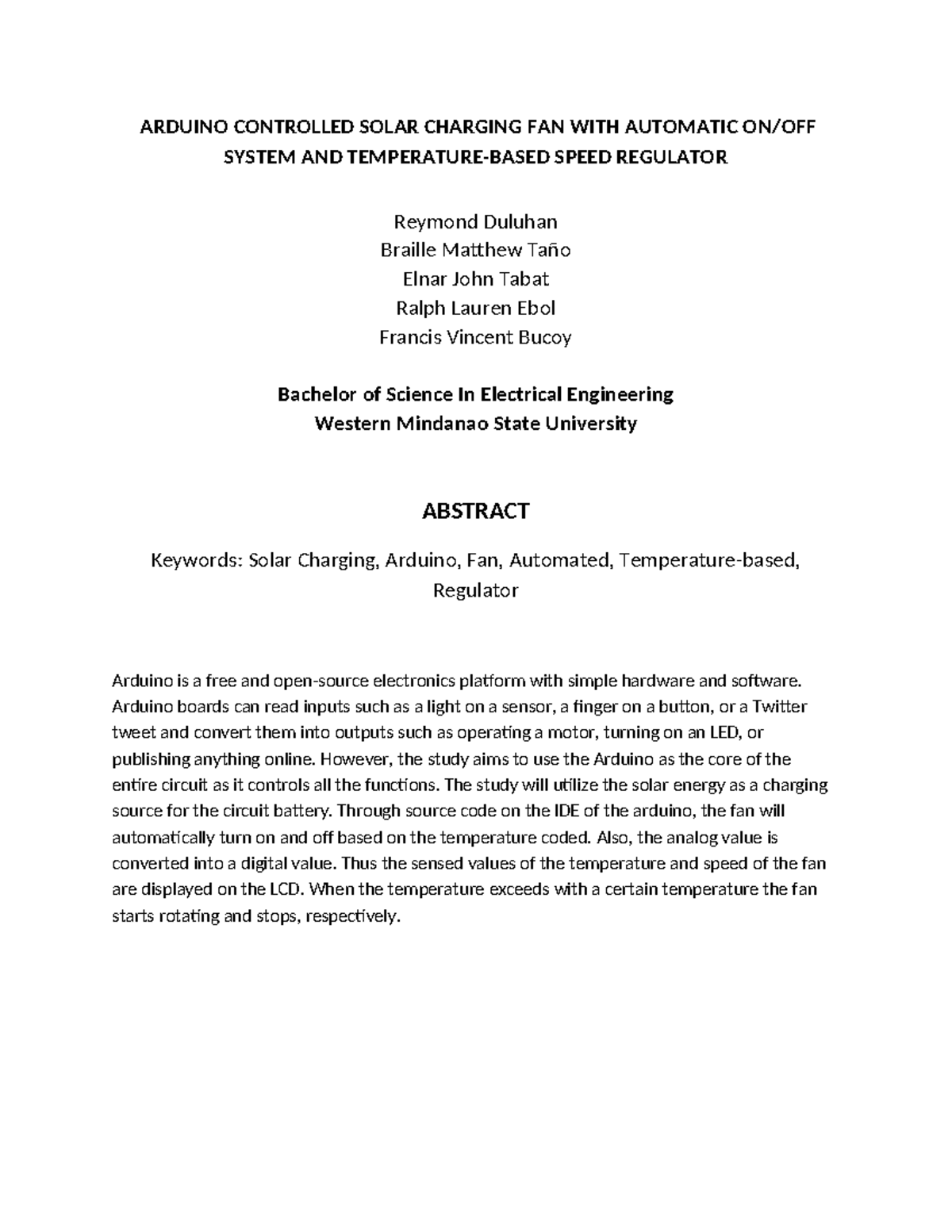 Arduino FAN - Abstract Draft - ARDUINO CONTROLLED SOLAR CHARGING FAN ...