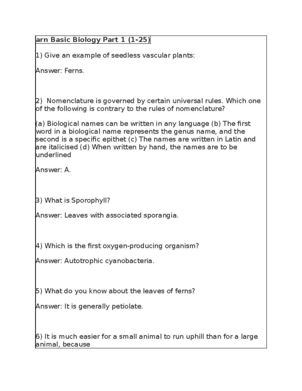 Biology sample tests questions 1 to 25 - arn Basic Biology Part 1 (1-25 ...
