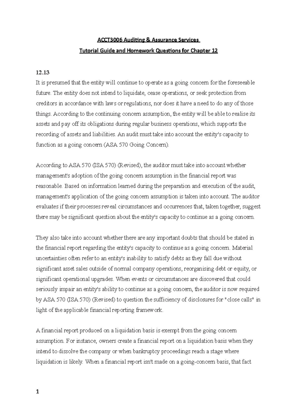 Auditing and Assurance week 13 - ACCT3006 Auditing & Assurance Services ...