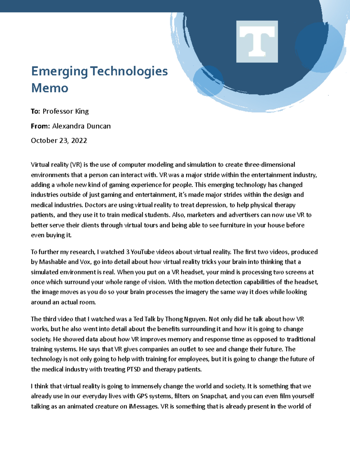 Emerging Technologies Memo - Emerging Technologies Memo To: Professor ...