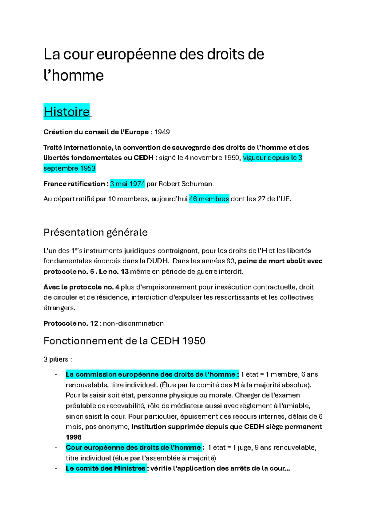 Fiche CEDH - La cour européenne des droits de l’homme Histoire Création du conseil de l’Europe ...