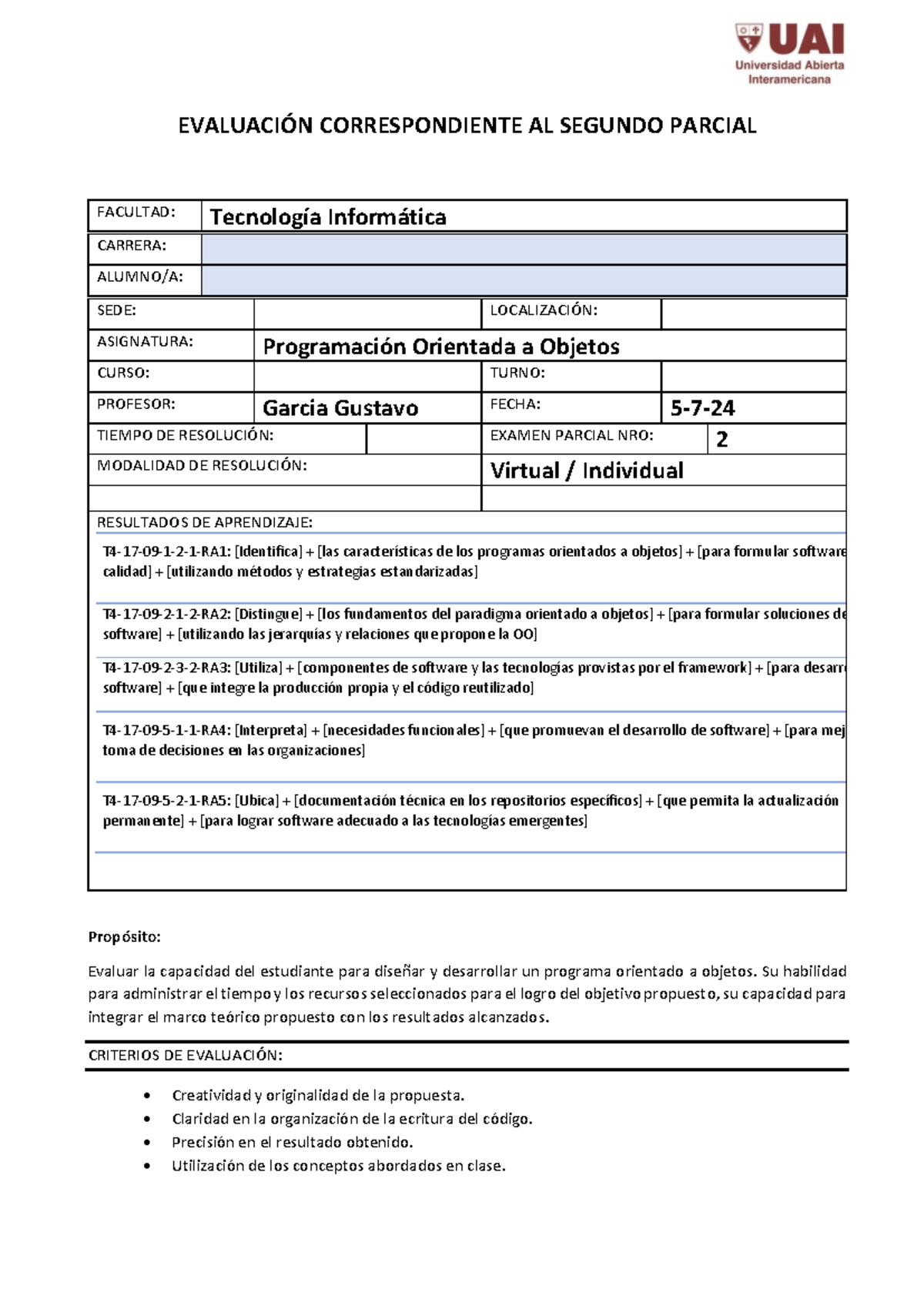 2do parcial POO AP-2024 - EVALUACIÓN CORRESPONDIENTE AL SEGUNDO PARCIAL ...