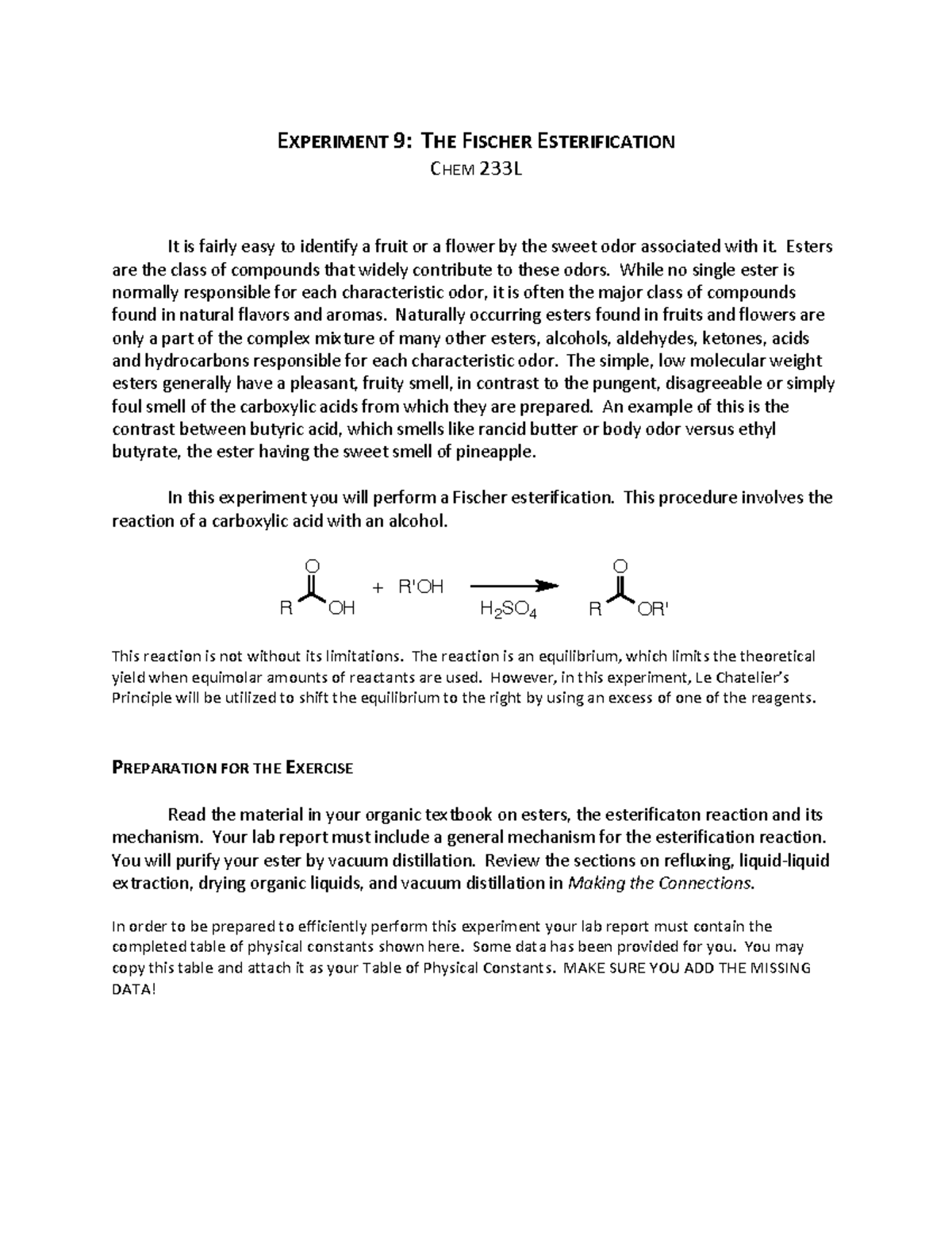Experiment 9 Handout 2023 - EXPERIMENT 9: THE FISCHER ESTERIFICATION ...