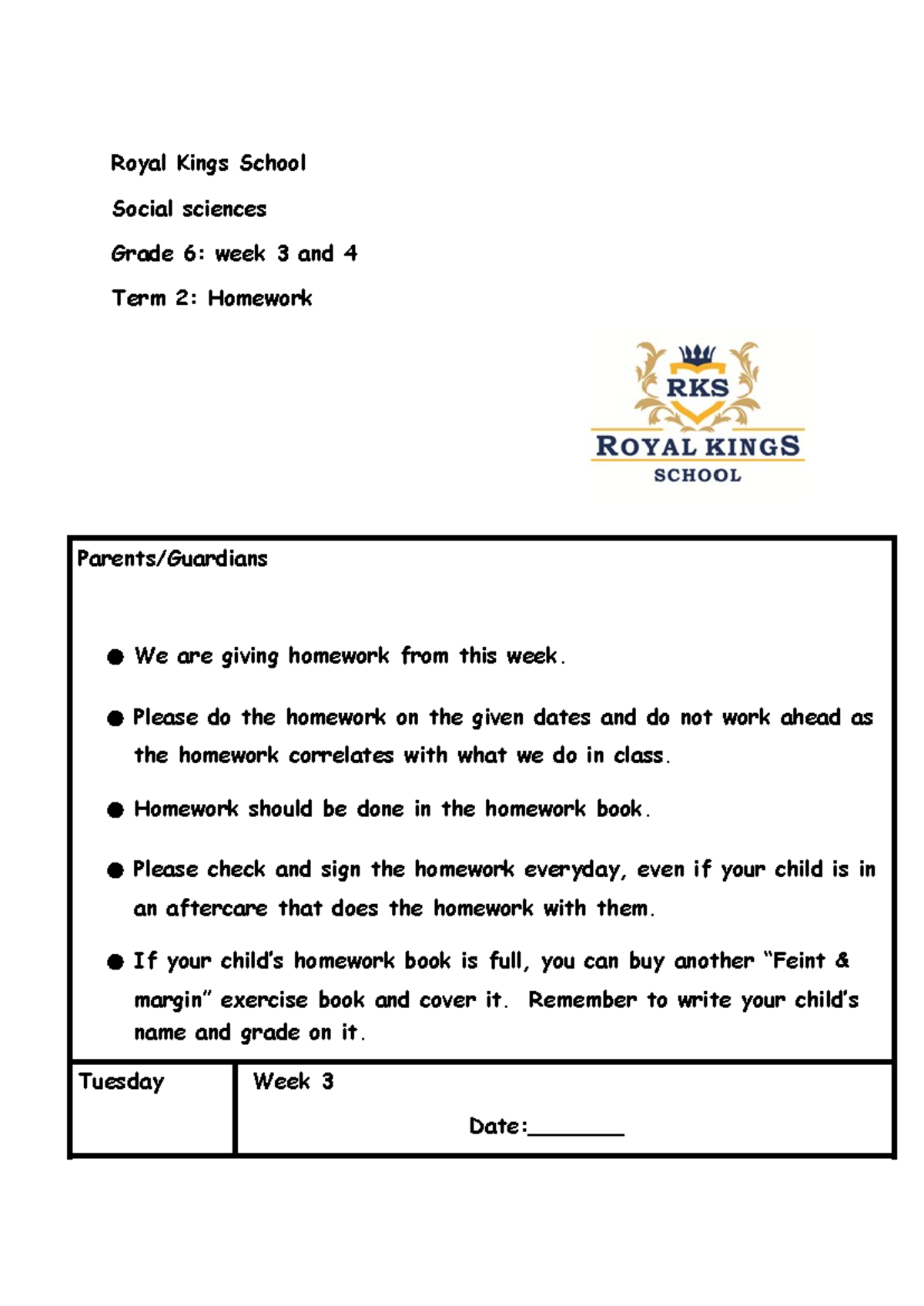 Homework Template 2024 Intermediatbbb E - Royal Kings School Social ...