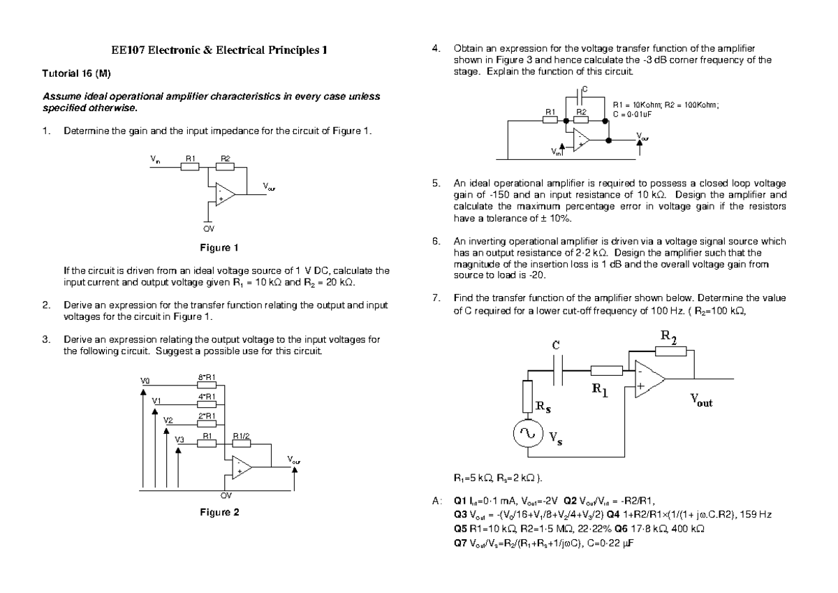 Analogue Tutorial 16 - EE107 Electronic & Electrical Principles 1 ...
