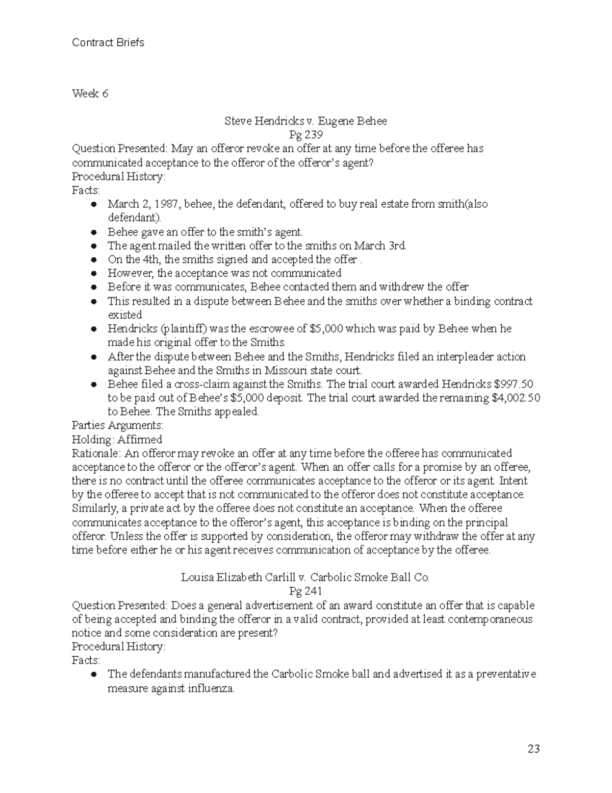 Contract Briefs-w6 - Briefs From Week 6 - Week 6 Steve Hendricks v ...