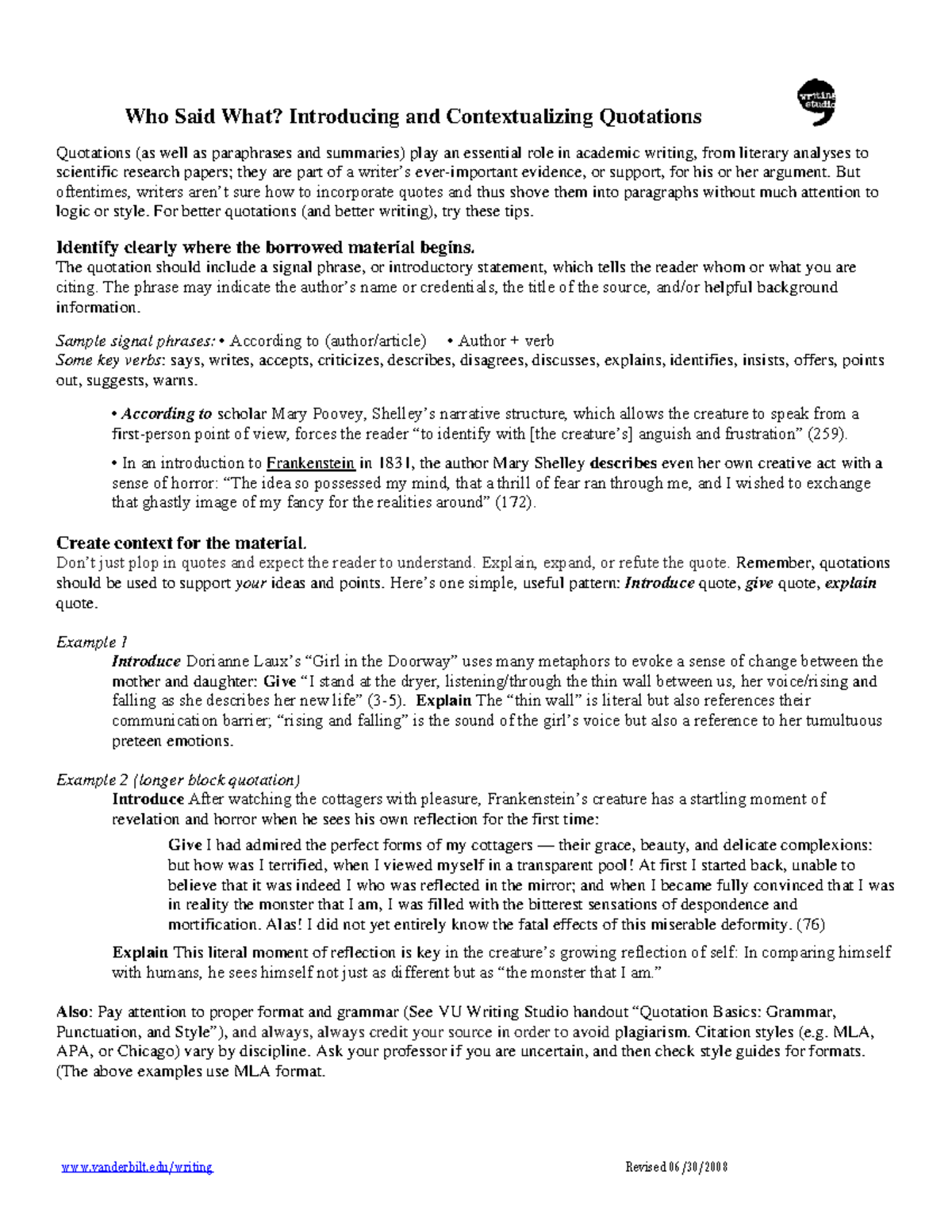 Introducing and Contextualing evidence - vanderbilt/writing Revised 06 ...