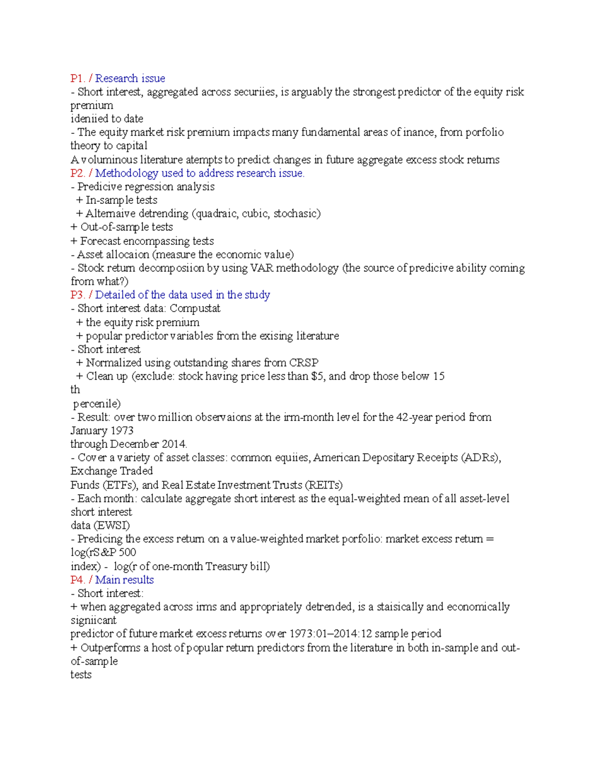 Part 2 Paper summary - P1. / Research issue Short interest, aggregated ...