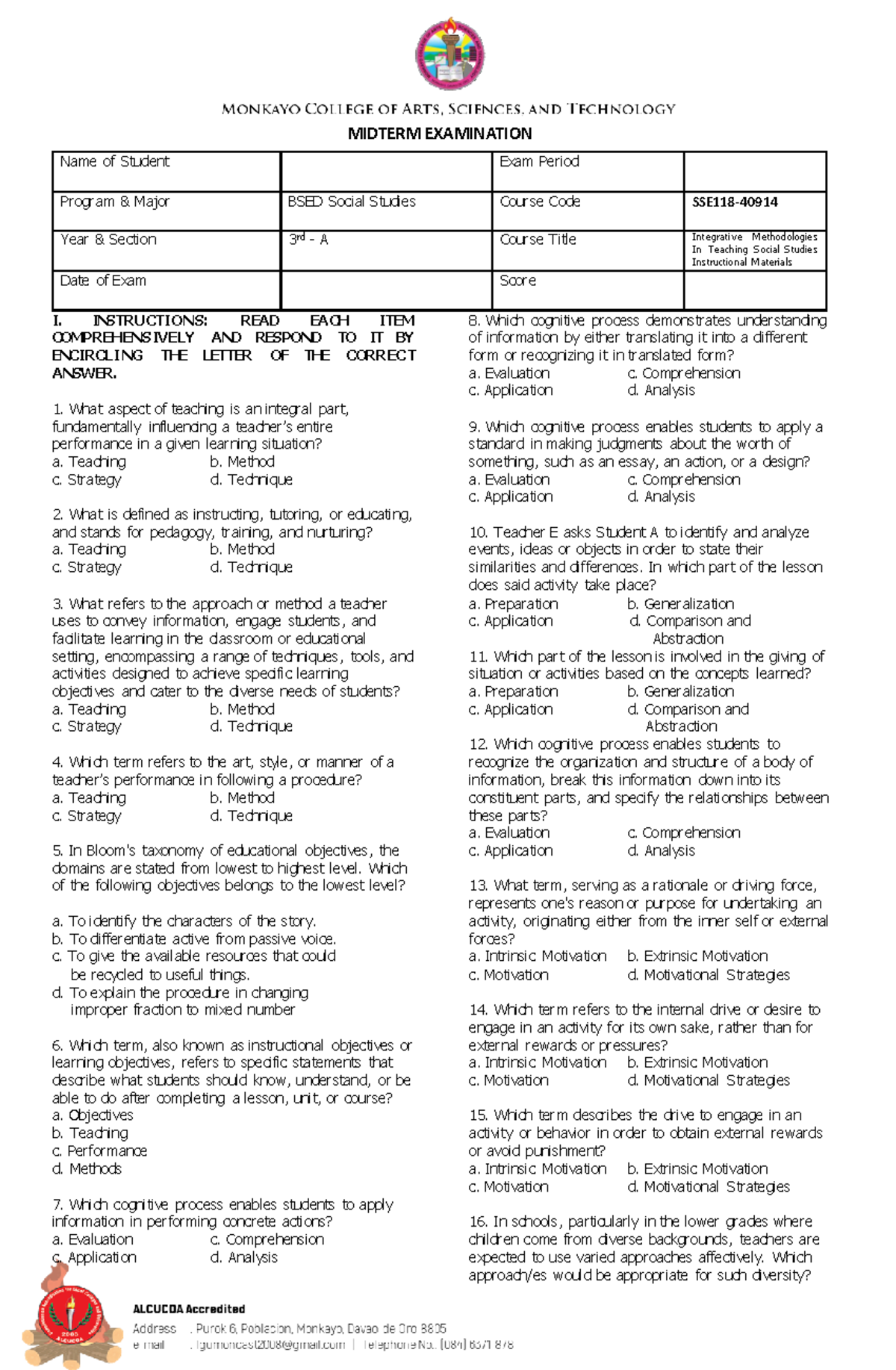 Midterm EXAM 3rd year ss methods of teaching - I. INSTRUCTIONS: READ ... Midterm EXAM 3rd year ss methods of teaching - I. INSTRUCTIONS: READ ...