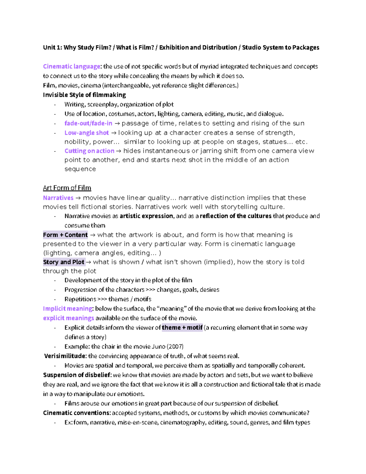 Unit 1 lectures and notes - Unit 1: Why Study Film? / What is Film ...