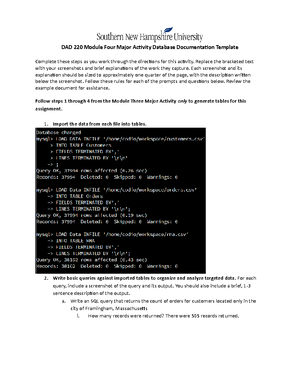 DAD 220 Module Three Major Activity Database - Replace the bracketed ...