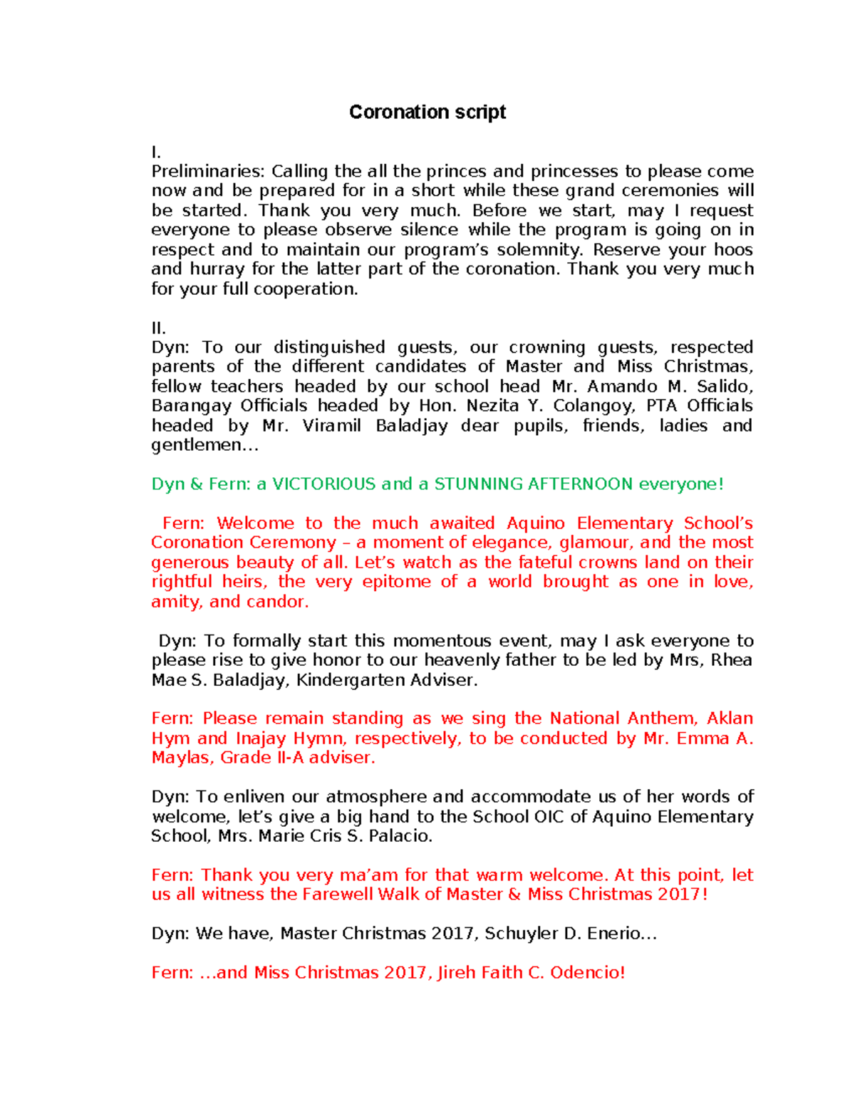 Christmas coronation script - Coronation script I. Preliminaries ...