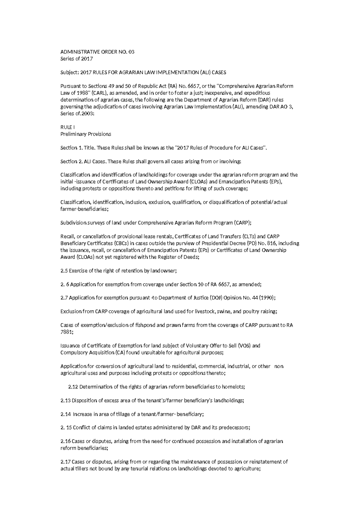 AO 3 2017 - Agrarian Law Implementation Case - ADMINISTRATIVE ORDER NO ...