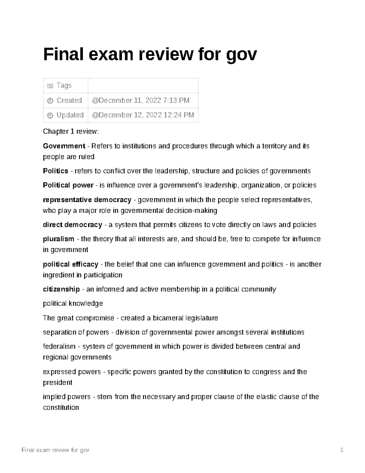 Chapter 1 review - Final exam review for gov 1 Final exam review for ...