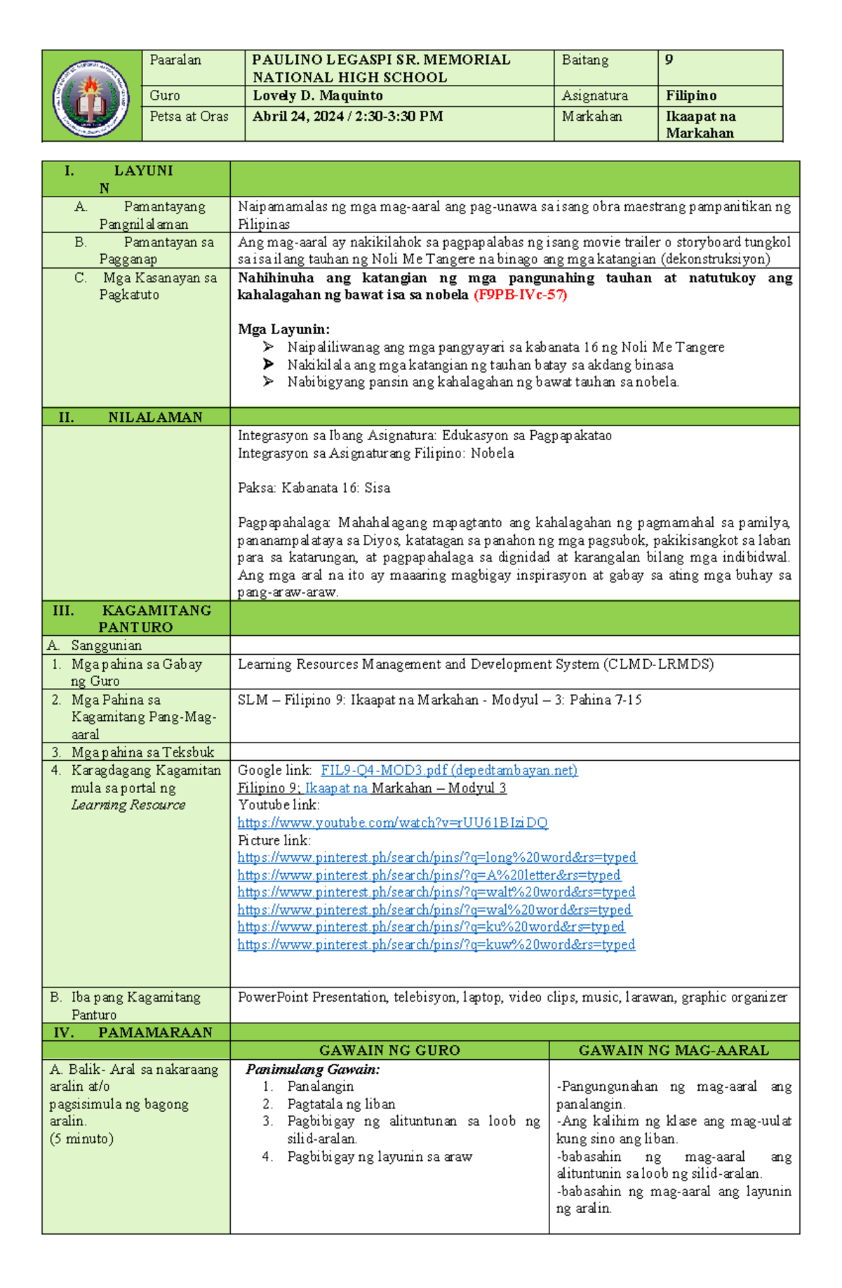 DLP Filipino 9 - Detailed Lesson Plan for Demo - Paaralan PAULINO LEGASPI SR. MEMORIAL NATIONAL ...