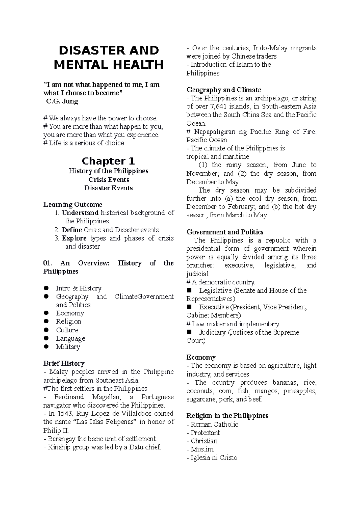 Disaster and Mental Health - DISASTER AND MENTAL HEALTH ”I am not what ...