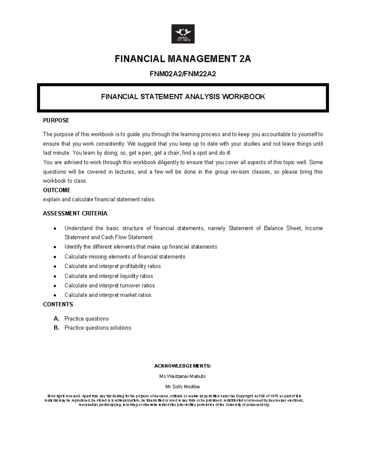 Financial Statement Analysis Workbook - FINANCIAL MANAGEMENT 2A FNM02A2 ...