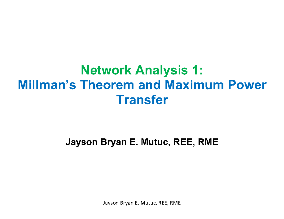 10. Millman's Theorem - lecture notes - Network Analysis 1: Millman’s ... 10. Millman's Theorem - lecture notes - Network Analysis 1: Millman’s ...