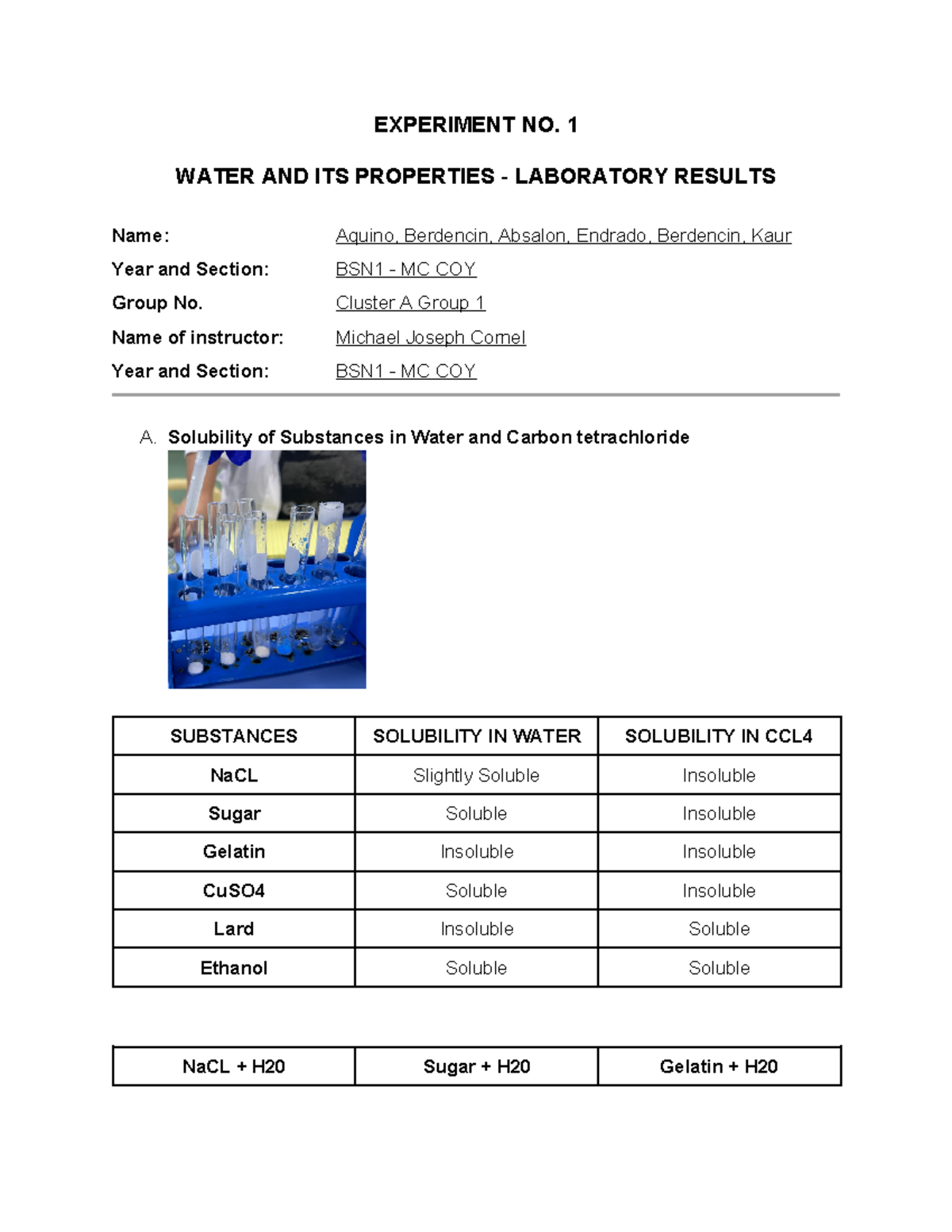 Bio Chem Group 1 Cluster A - EXPERIMENT NO. 1 WATER AND ITS PROPERTIES ...