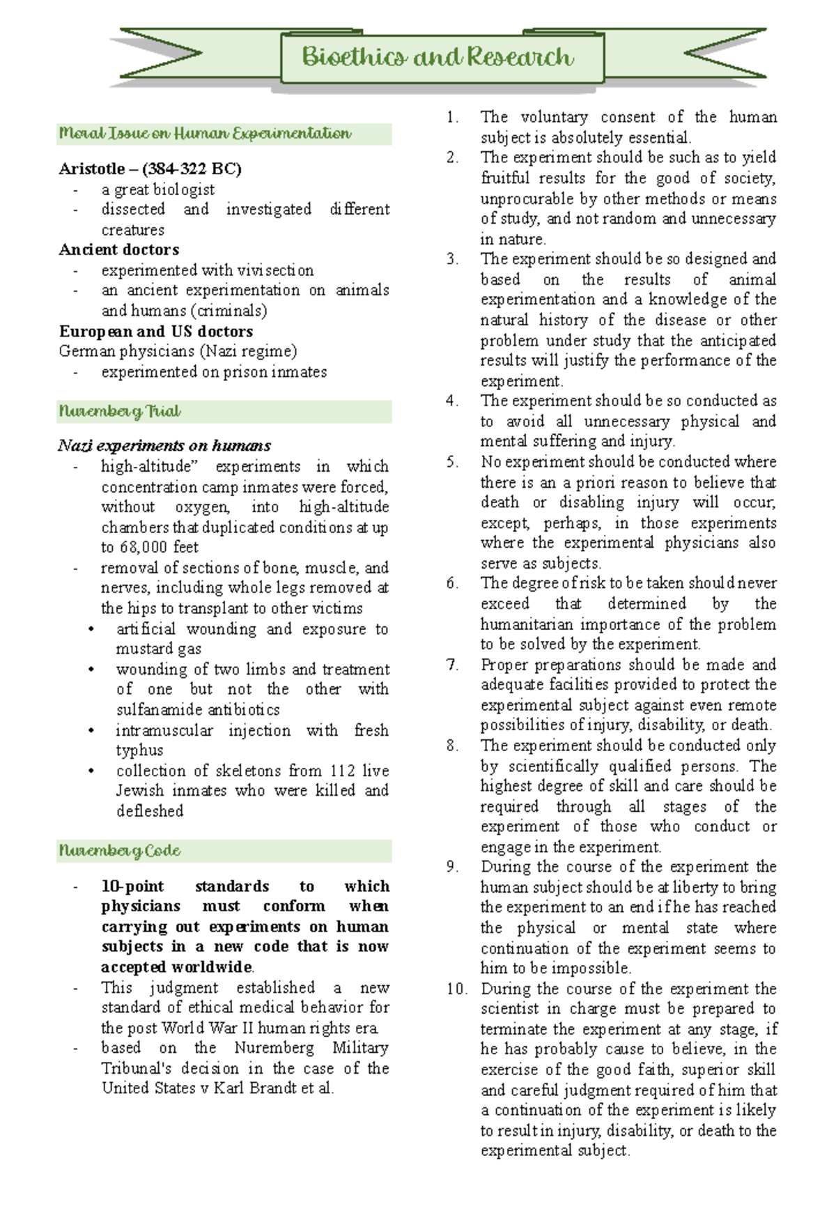Bioethics and research - Moral Issue on Human Experimentation Aristotle ...