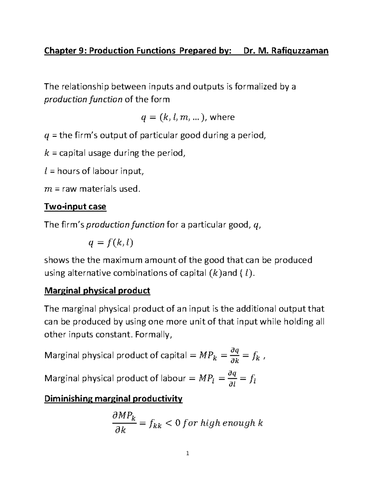 Chapter 9 lectures - Chapter 9: Production Functions Prepared by: Dr. M ...
