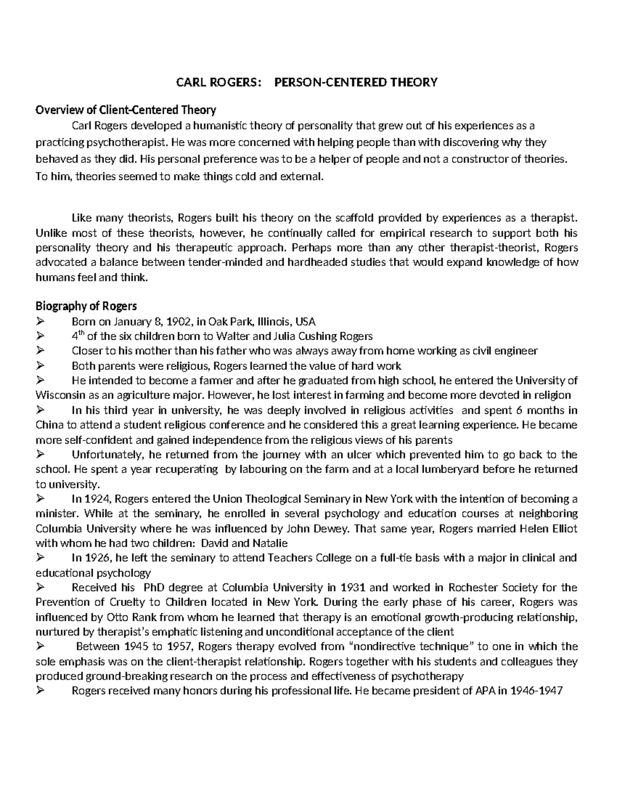 CARL Rogers Client Centered Theory handout 1 - CARL ROGERS: PERSON ...