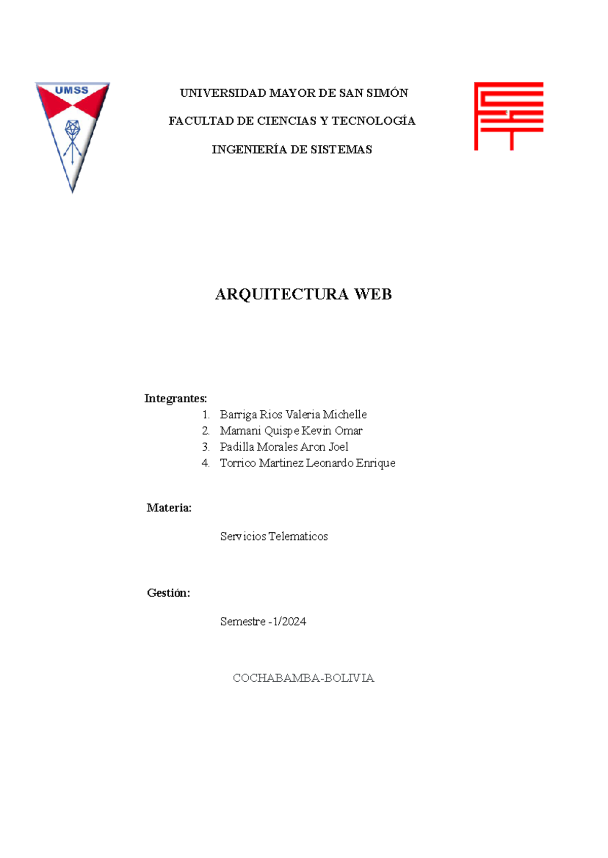Arquitectura web - UNIVERSIDAD MAYOR DE SAN SIMÓN FACULTAD DE CIENCIAS ...
