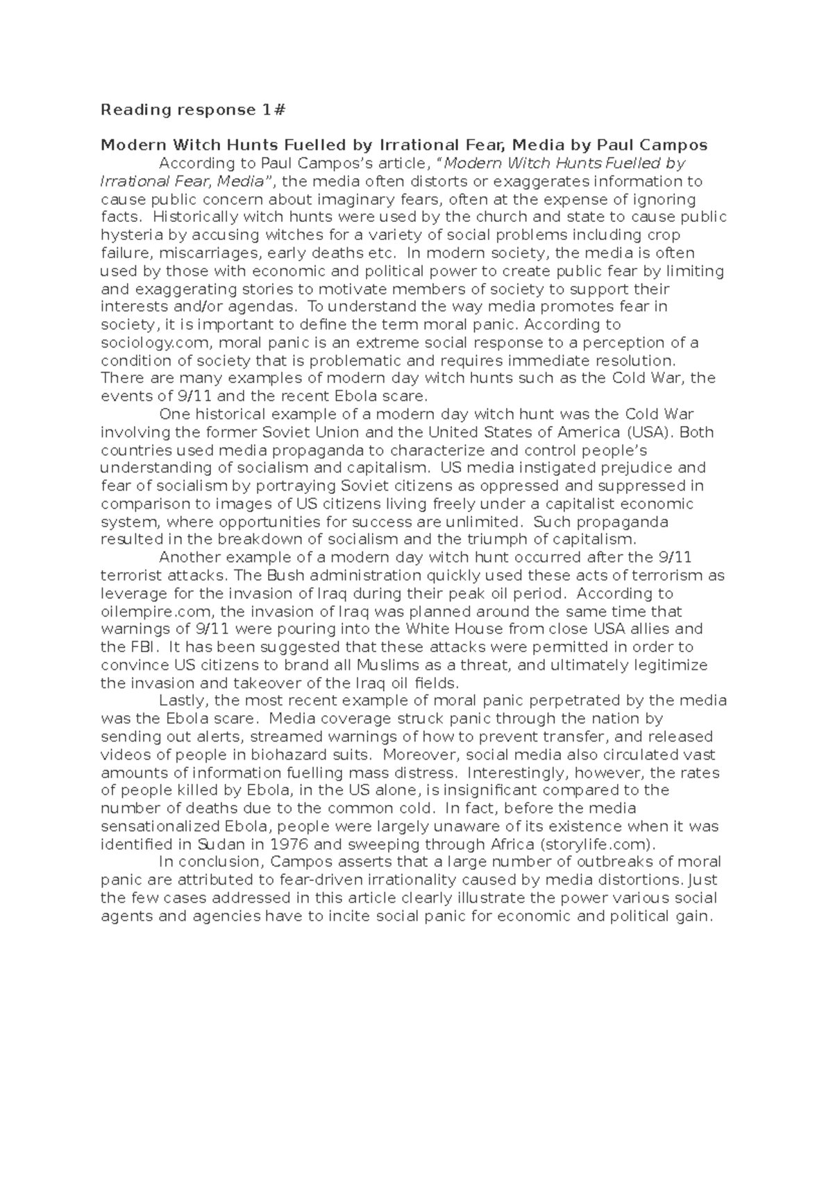 Acad 100 Reading response 1# - Reading response 1# Modern Witch Hunts ...