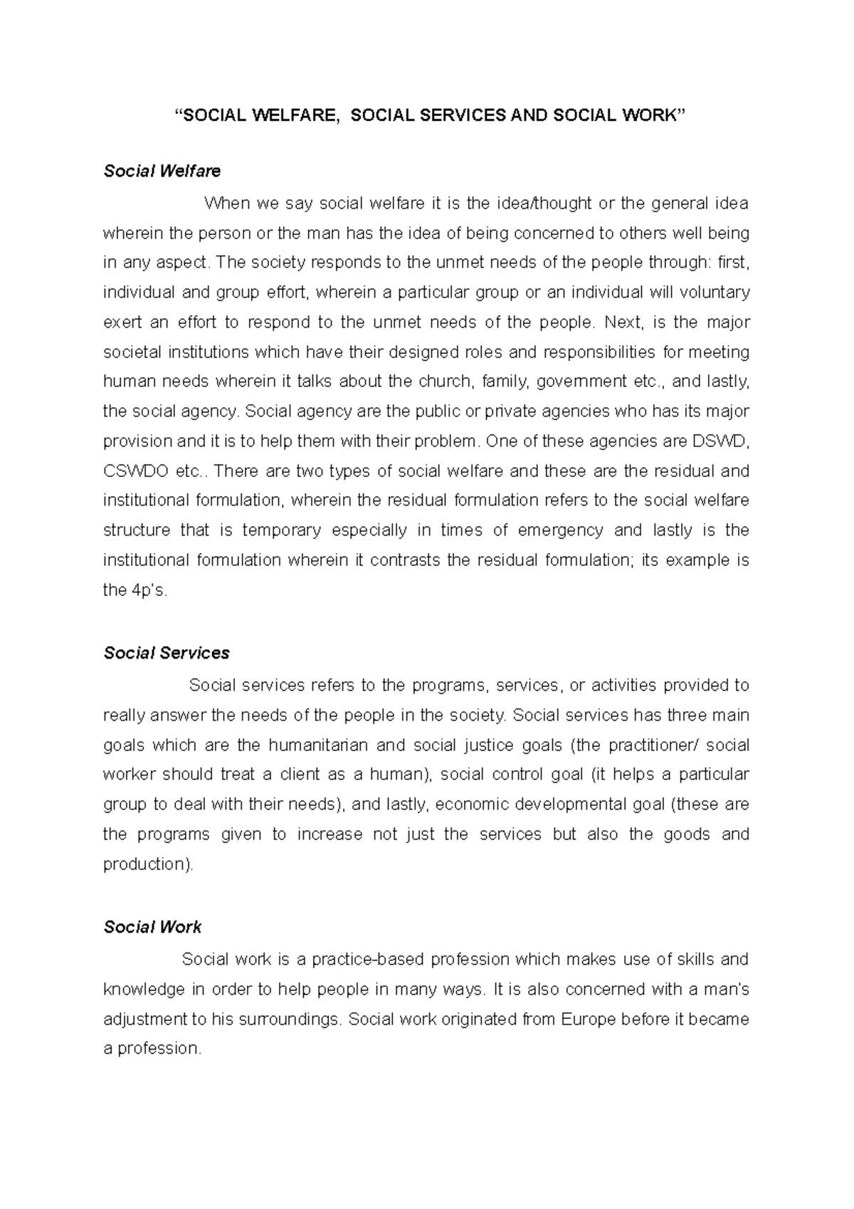 SW 124 assignment - It is a narrative essay on a particular major ...