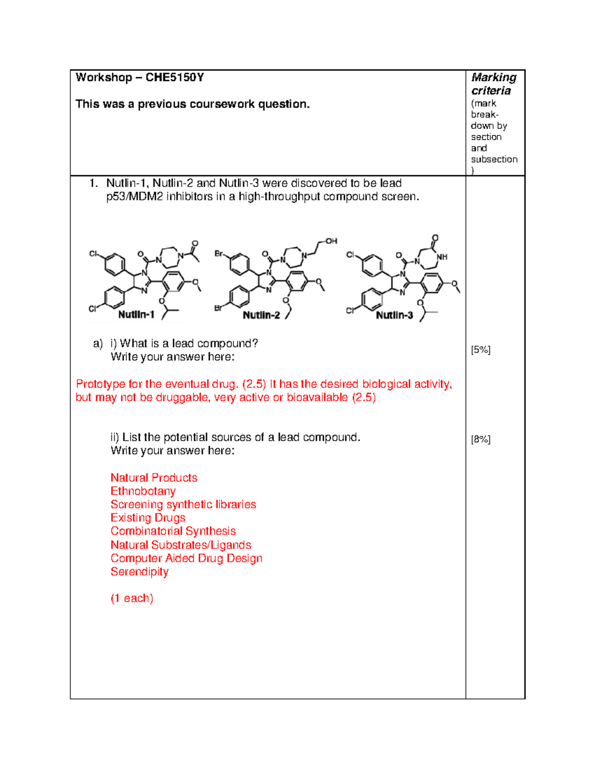 Workshop - CHE5150Y - Answers - Workshop – CHE5150Y This was a previous ...
