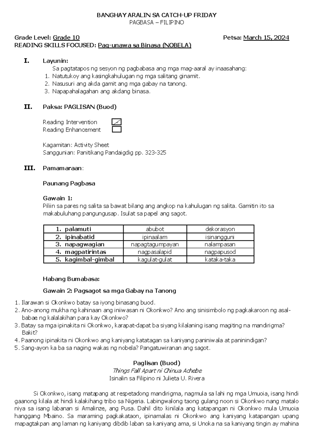 Paglisan - BANGHAY ARALIN SA CATCH-UP FRIDAY PAGBASA – FILIPINO Grade ...