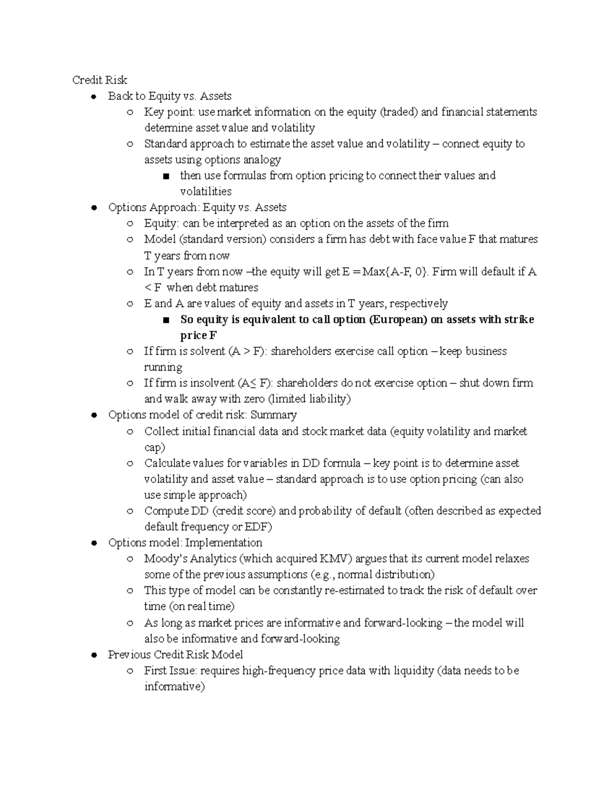F446 Exam 3 Cheat Sheet - study guide - Credit Risk Back to Equity vs. Assets Key point: use ...