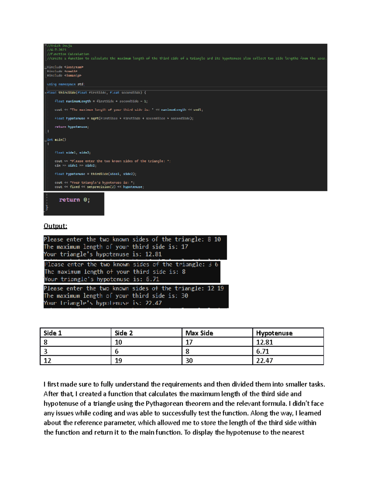 Pythagoras Calculation - Output: Side 1 Side 2 Max Side Hypotenuse 8 10 ...