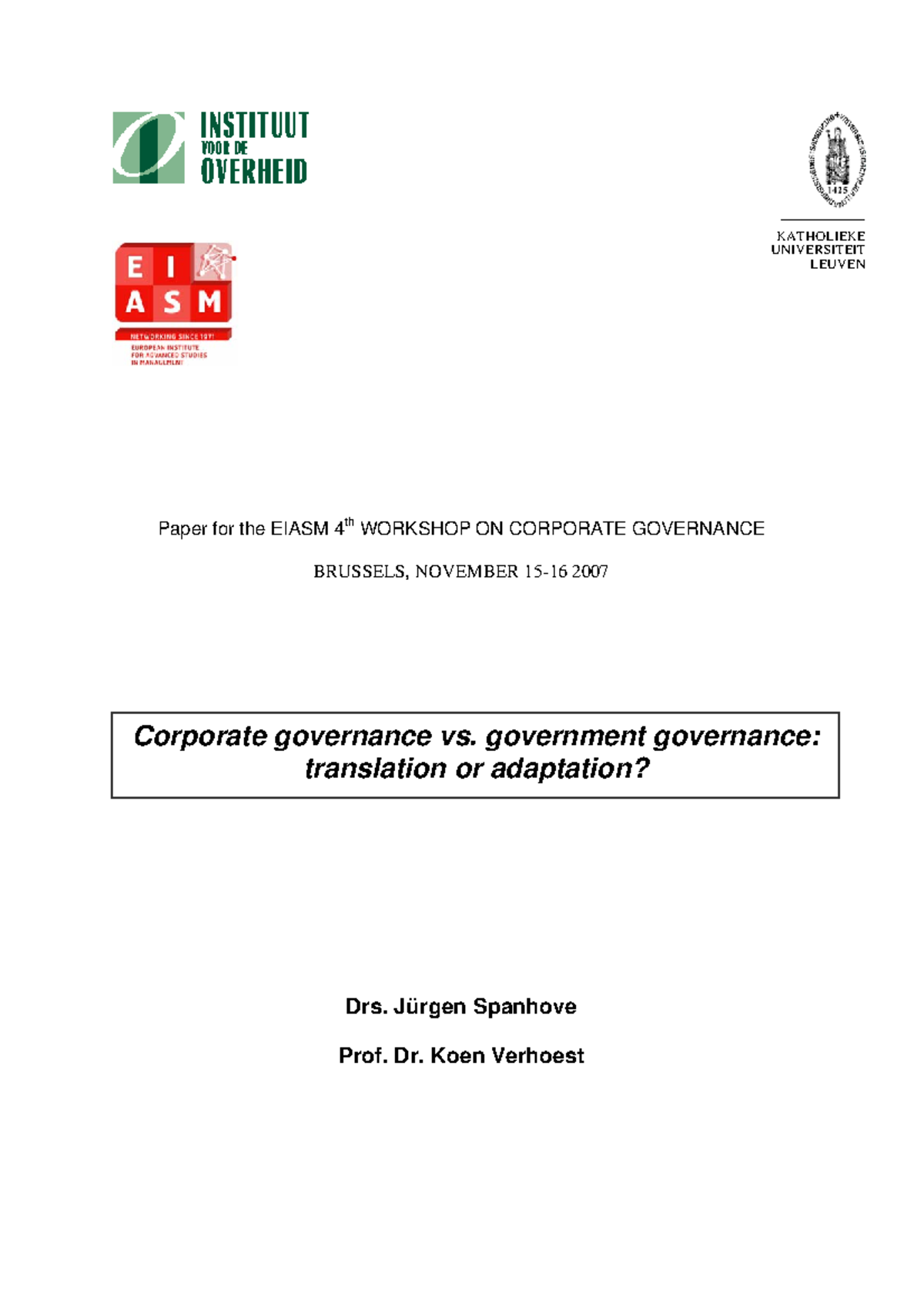 Corporate governance vs Government governance - KATHOLIEKE UNIVERSITEIT ...