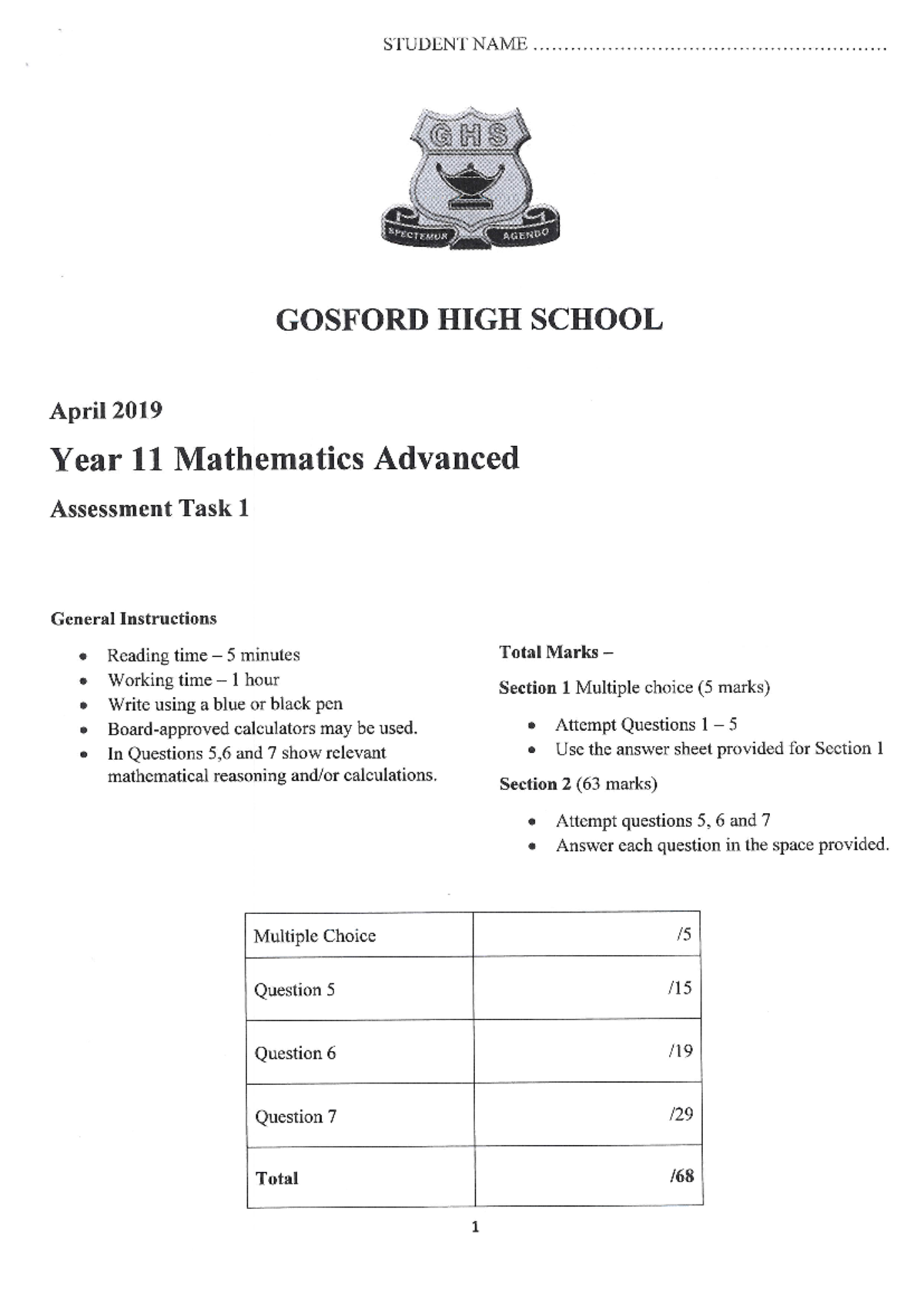 2019 Y11 Adv Task 1 - Gosford High School Task, Quadratics, Functions ...