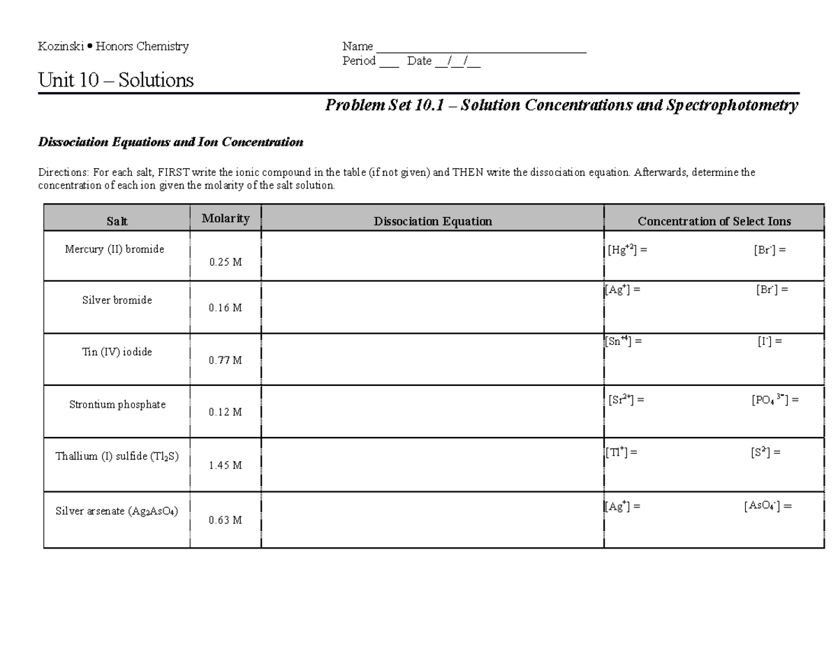 Problem Set Packet Unit 10 - ####### Kozinski Honors Chemistry Name ...