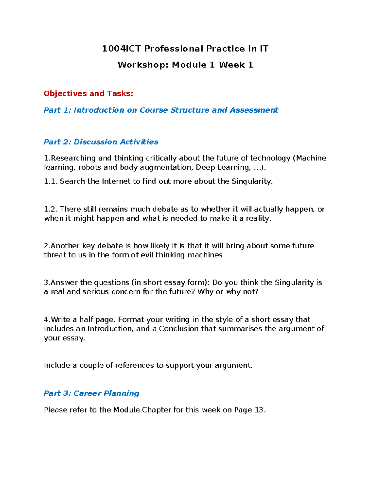 1004ICT Workshop Week 1 - 1004ICT Professional Practice in IT Workshop ...