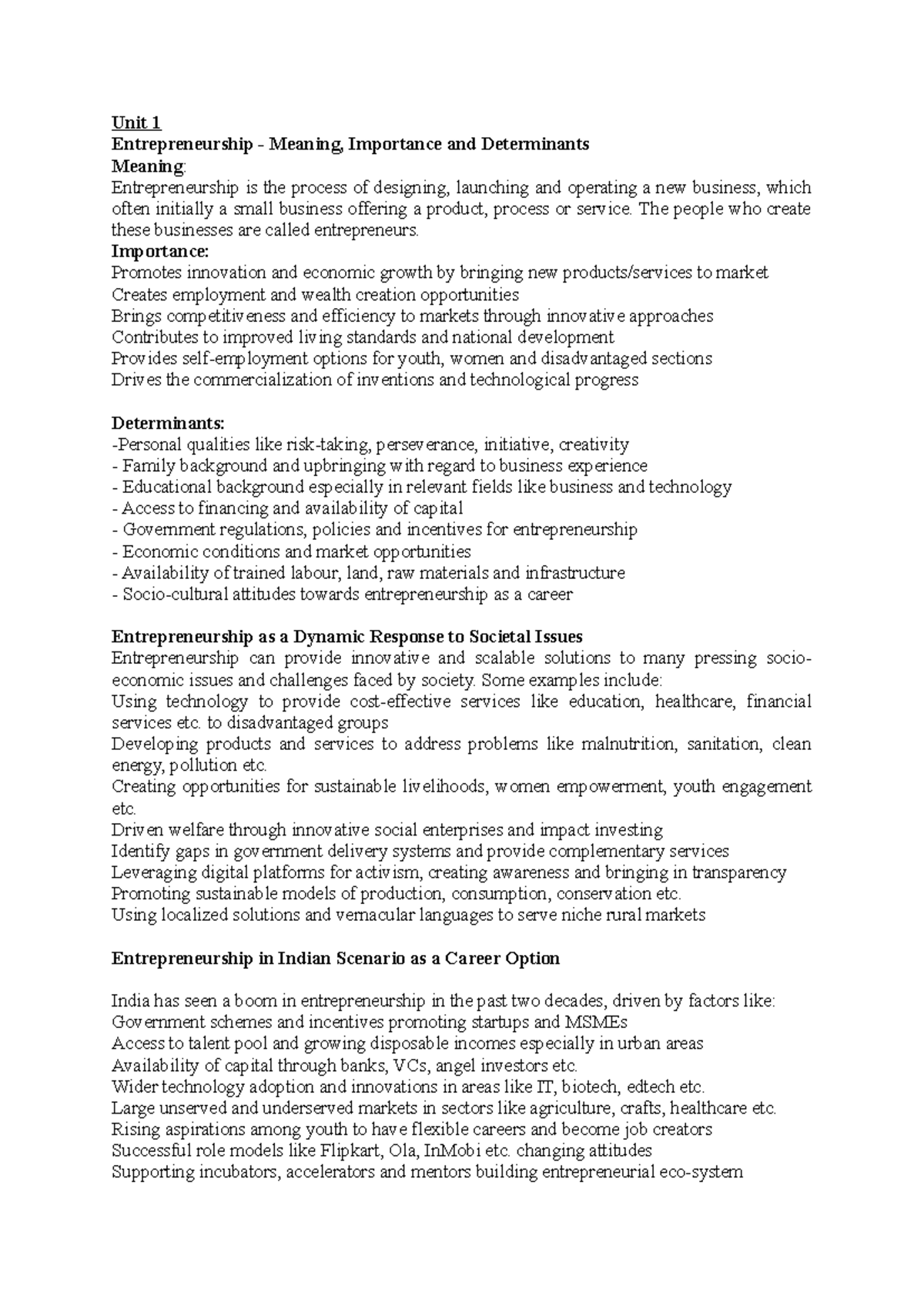 Notes for Entrepreneurship Development - Unit 1 Entrepreneurship ...
