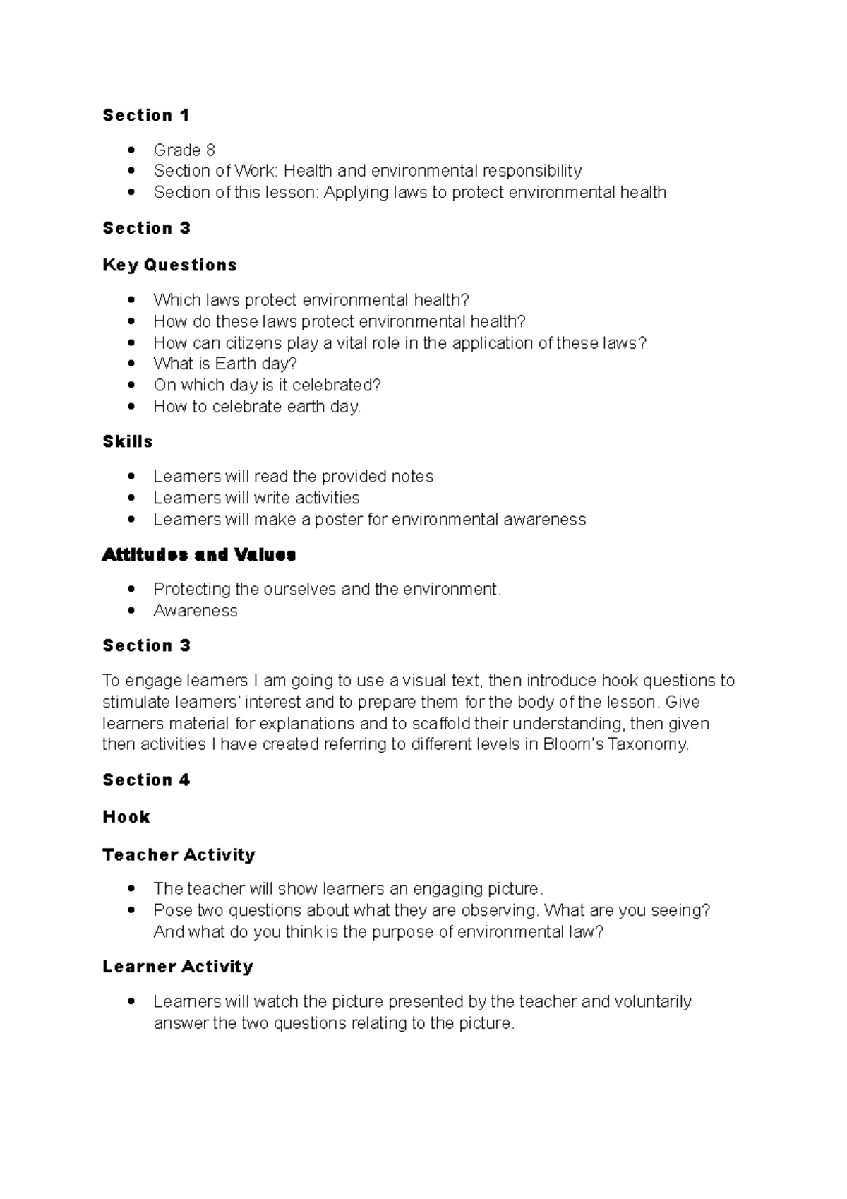 Earth Day and Laws Grade 8 - Section 1 Grade 8 Section of Work: Health ...