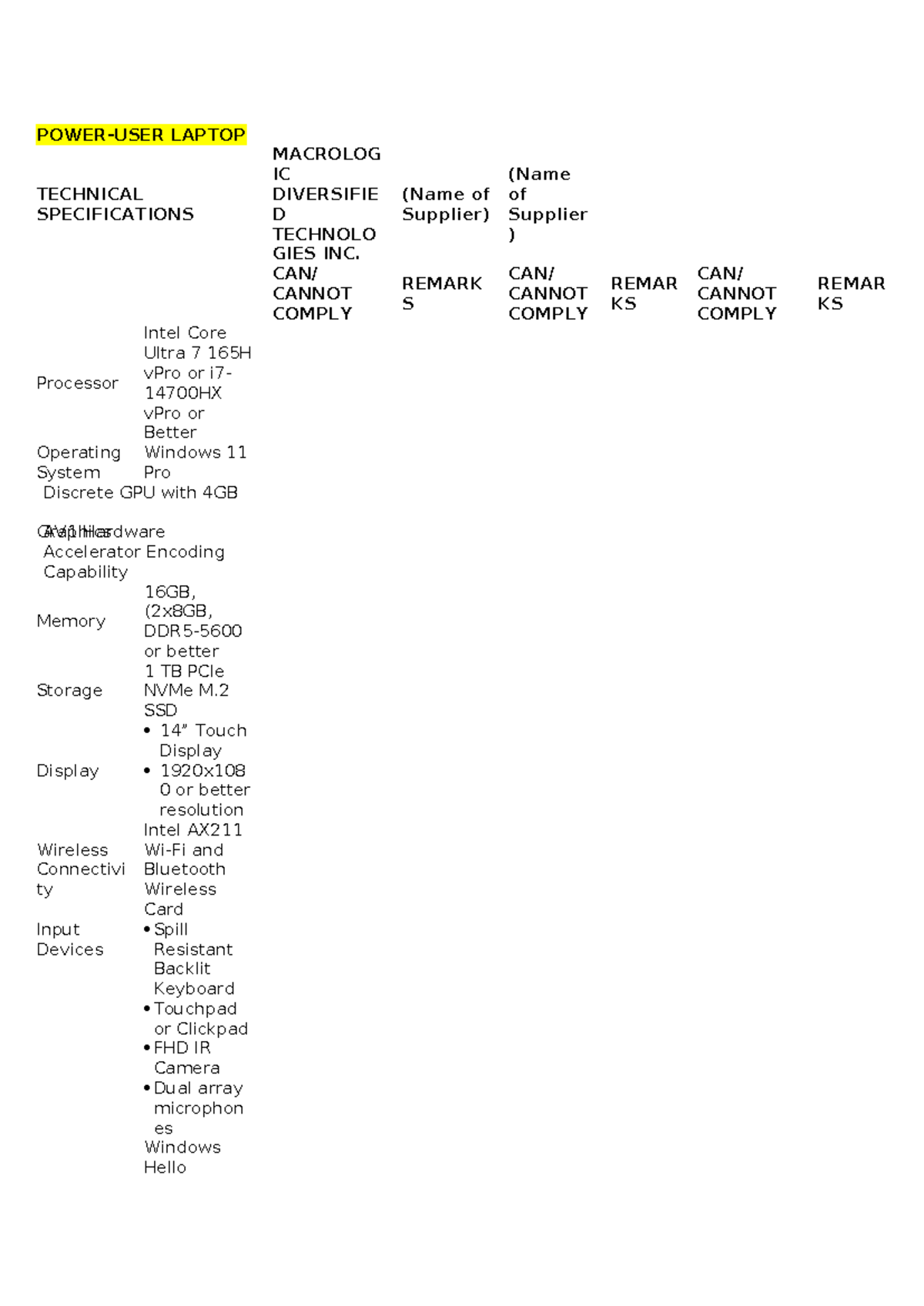 Market Survey for Power User Computer Template 2 - POWER-USER LAPTOP ...