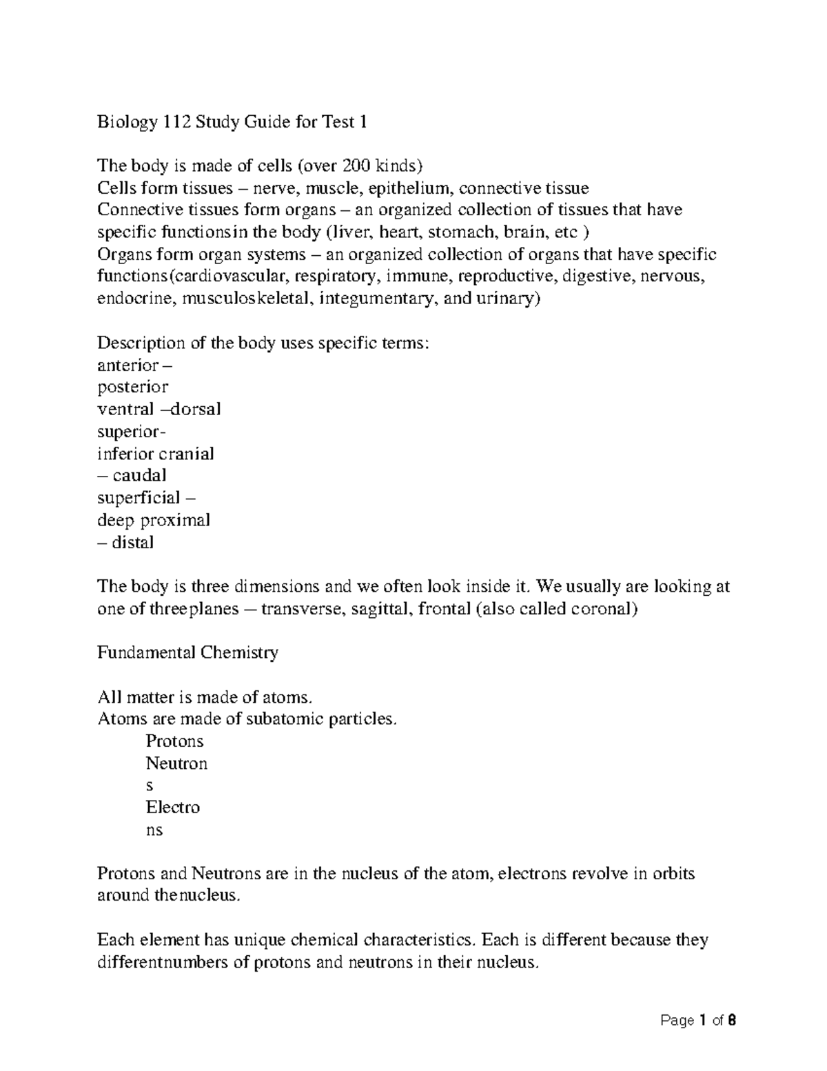 Biology 112 Study Guide for Test 1 - Biology 112 Study Guide for Test 1 ...