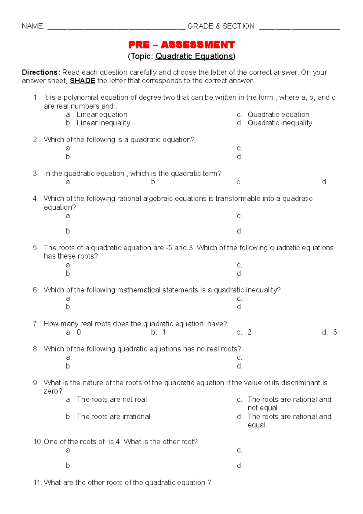 Pre Assessment Quadratic Equations - NAME ...